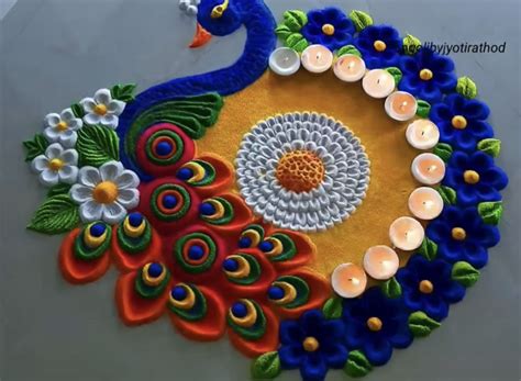 Peacock Rangoli Design With Candles And Flowers