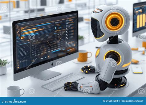 3d Humanoid Robot Working On Desktop With Computer In Modern Office Digital Technology Concept