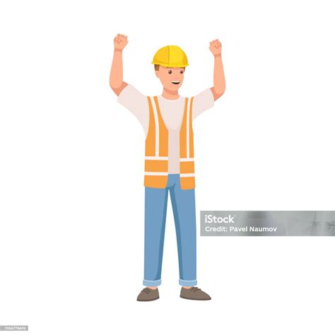 하드 모자를 쓴 남자 빌더 캐릭터와 꽉 쥔 주먹으로 환호하는 경고 벡터 일러스트레이션 건설 현장에 대한 스톡 벡터 아트 및 기타 이미지 건설 현장 건설업자 공사장