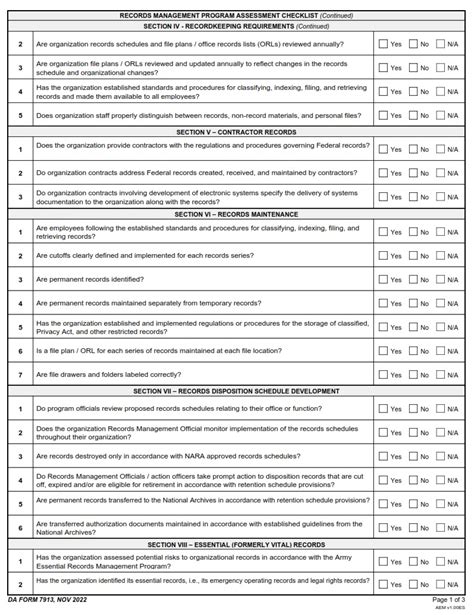 Da Form 7913 Records Management Program Assessment Checklist Free