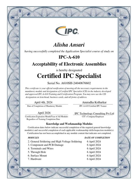 Cis Ipc A 610h En Certificate Of Completion Ipc A 610h