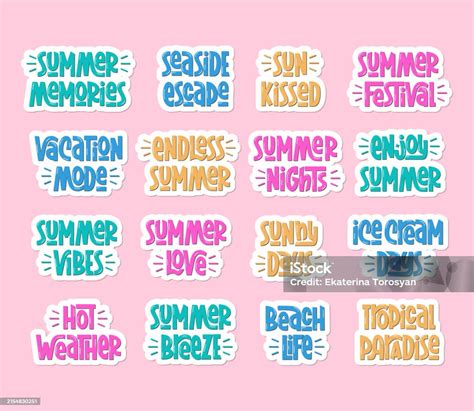 여름 문구 스티커 컬렉션 벡터 손 글씨 의 계절 속담 스티커 따옴표 모음 여름의 추억 해변 탈출 태양의 키스 열대 낙원 화창한 날 낱말에 대한 스톡 벡터 아트 및 기타