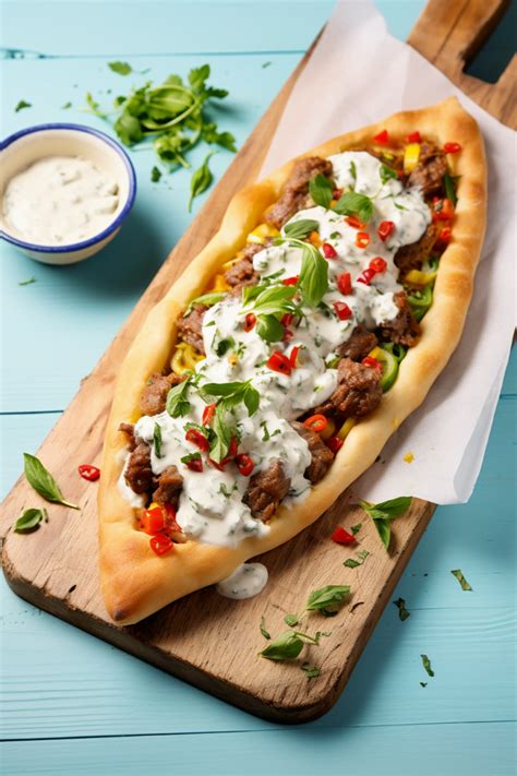 Turkish Pide With Spicy Lamb And Feta Drizzled With Yogurt Sauce