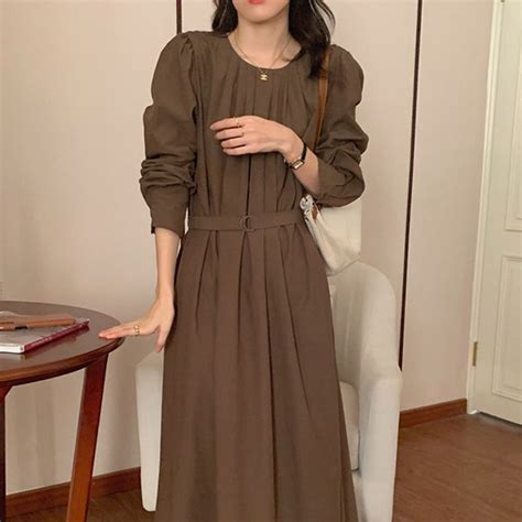 포스티 라운드 퍼프 슬리브 플리츠 벨트 롱원피스 2j112777