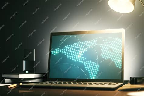 현대 노트북 화면 국제 거래 개념 3d 렌더링에 대한 연결이 있는 추상적이고 창의적인 세계 지도 프리미엄 사진