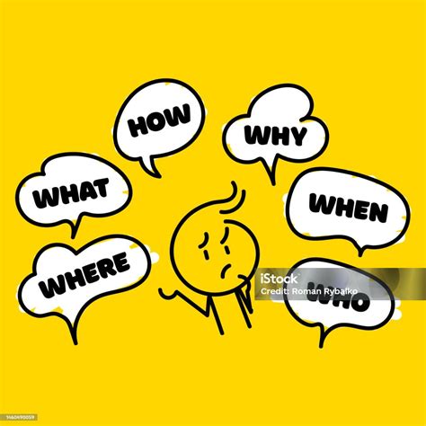 누가 무엇을 어떻게 왜 무엇을 어디서 질문하십시오 질문과 낙서 스틱 남자와 함께 말풍선 노란색 배경에 브레인스토밍 그림 영어를 사용하다 대화 풍선 문자 기호에 대한 스톡