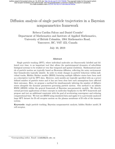 Pdf Diffusion Analysis Of Single Particle Trajectories In A Bayesian