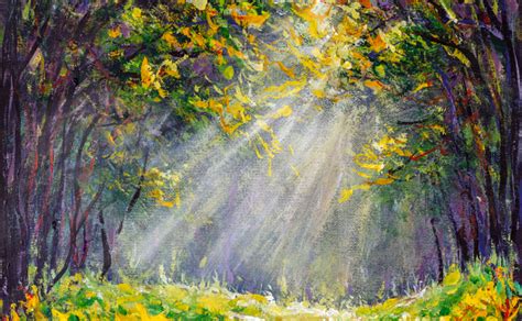 캔버스에 손으로 그린 유화 햇볕이 잘 드는 숲의 도로 여름 숲의 태양 광선 현대 미술 햇볕이 잘 드는 아늑한 풍경 그림 작품 캔버스 질감에 추상적인 유화 배경입니다 0명에