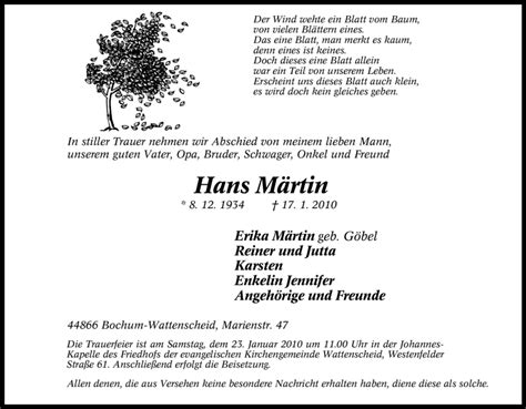 Traueranzeigen Von Hans Märtin Trauer In Nrwde