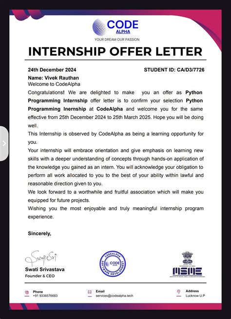 Codealpha Python Internship Learningjourney Programming Careergrowth Vivek Rauthan