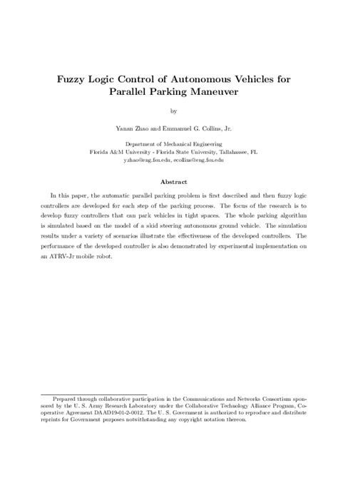 Pdf Fuzzy Logic Control Of Autonomous Vehicles For Parallel Parking