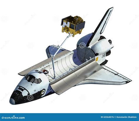Space Shuttle Deploying Satellite On White Background Stock