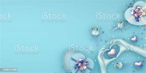 해피 발렌타인 데이 장미 꽃과 손 하트 모양 선물 상자 파란색 파스텔 배경에 색종이 반짝이 인사말 카드 플랫 레이 배너 레이아웃 상단보기 복사 공간 텍스트 영역 3d