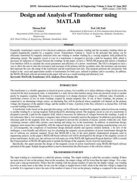 Design And Analysis Of Transformer Using Matlab Transformer