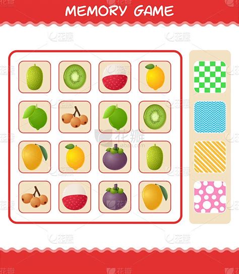 卡通水果记忆游戏。学习卡片游戏。学前儿童和学步儿童的教育游戏素材 花瓣网