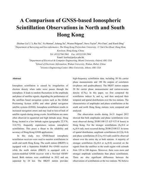 Pdf A Comparison Of Gnss Based Ionospheric Scintillation Observations In North And South Hong