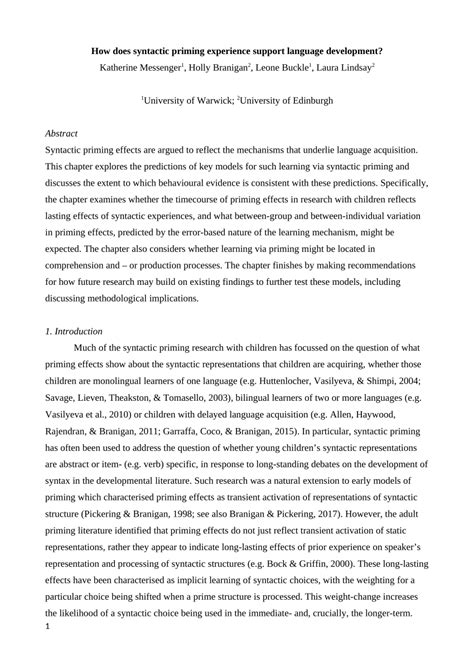 Pdf How Does Syntactic Priming Experience Support Language Development