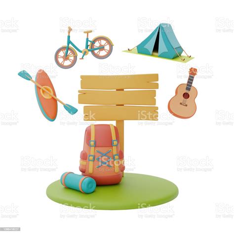 여행 배낭 및 캠핑 장비 카약 자전거 텐트 캠핑 장소 여름 캠프 개념 3d 렌더링에 기타가있는 캠핑 표지판 관광객에 대한 스톡 사진 및 기타 이미지 Istock