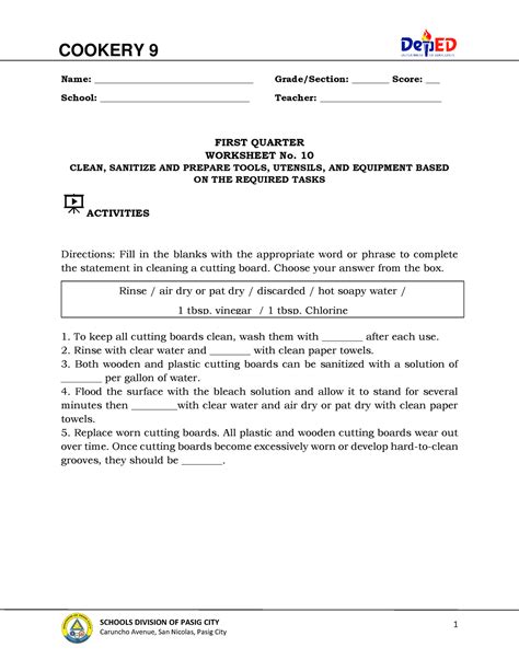 Tle Cookery 9 Q1 Dw10 1 Cookery 9 Schools Division Of Pasig City Caruncho Avenue San Nicolas