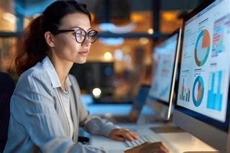 Premium Photo Businesswoman Using Analytics Data KPI On Dashboard