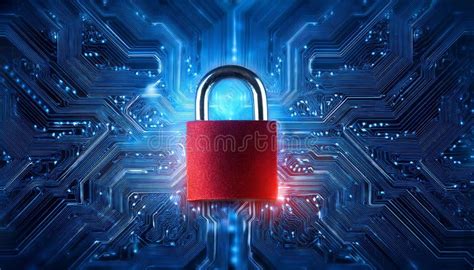 The Glowing Red Padlock Consisting Of Connecting Lines On A Blue Glowing Circuit Board