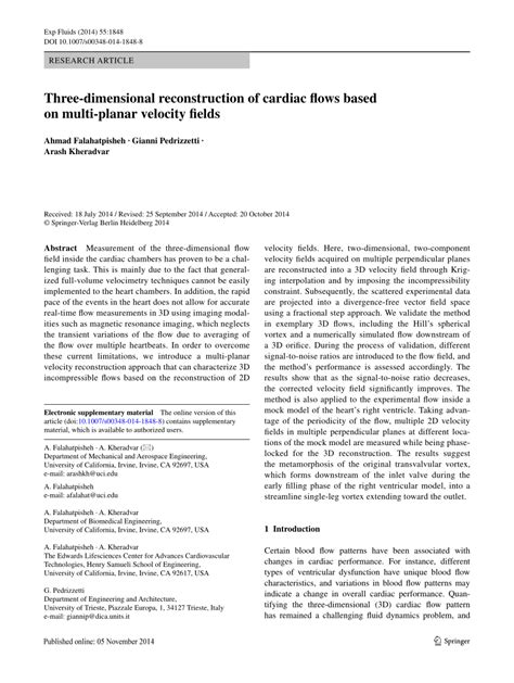 Pdf Three‑dimensional Reconstruction Of Cardiac Flows Based On Multi