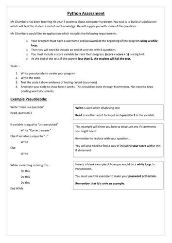 Python Year 8 Assessment Teaching Resources