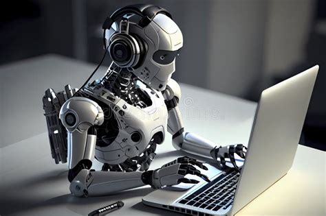 3d Rendering Humanoid Robot Working With Headset And Notebook Stock Illustration Illustration