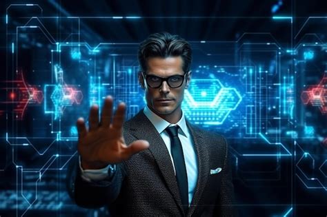 Premium Photo Man Wearing Smart Glasses Touching A Virtual Screen
