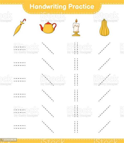 필기 연습 주전자 양초 버터넛 스쿼시 우산의 라인을 추적합니다 교육 어린이 게임 인쇄 워크 시트 벡터 일러스트레이션 0명에 대한