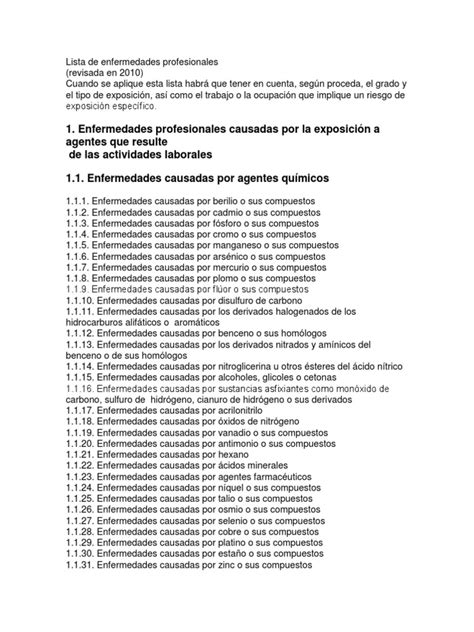 Lista De Enfermedades Profesionales 1 Pdf Benceno Cáncer