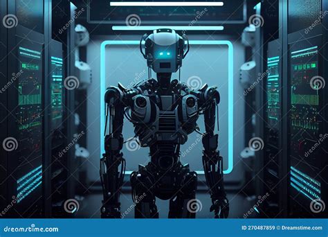 Thinking Ai Humanoid Robot Analyzing Hologram Screen Shows Concept Of Network Global