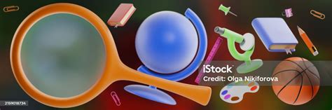 학교로 돌아 가기 돋보기 지구본 현미경 농구공을 포함한 다양한 교육용 물건 3d 렌더링 개발에 대한 스톡 사진 및 기타 이미지 Istock