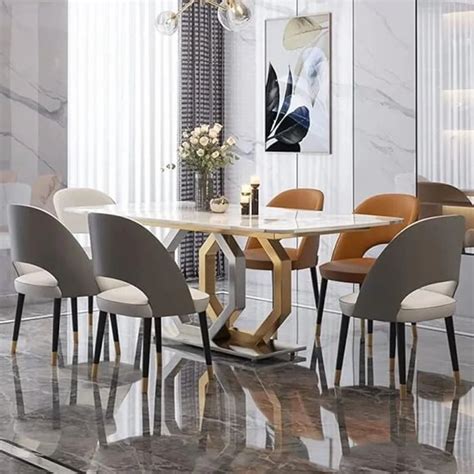 Modern White Marble Diningtable With Rectangular Tabletop Golden Hexagonal Legged Legs Dining