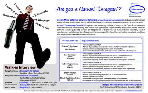 True T Integra Micro Software Services Walkin Interview March 12th And 13th 2011 At St