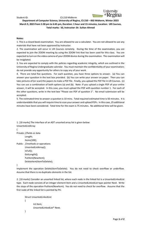 202310 CS 210 Midterm Babe ID CS 210 Midterm Page 1 Of 2 Department Of Computer Science