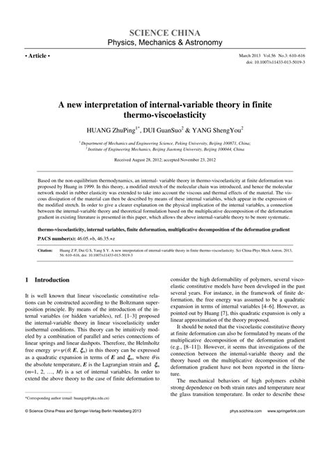 Pdf A New Interpretation Of Internal Variable Theory In Finite Thermo Viscoelasticity