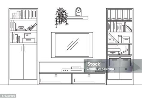 인테리어의 선형 밑그림입니다 책장 옷장 Tv와 선반 벡터 일러스트 레이 션 3차원 형태에 대한 스톡 벡터 아트 및 기타 이미지 3차원 형태 가구 가정 생활 Istock