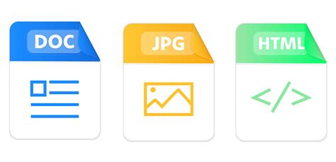 파일 형식 아이콘입니다 문서 집합  Html 컴퓨터에 다운로드 할 수있는 컬러 아이콘 모음 Ui용 그래픽 템플릿입니다 플랫 스타일의 문서 유형입니다 벡터 일러스트 레이