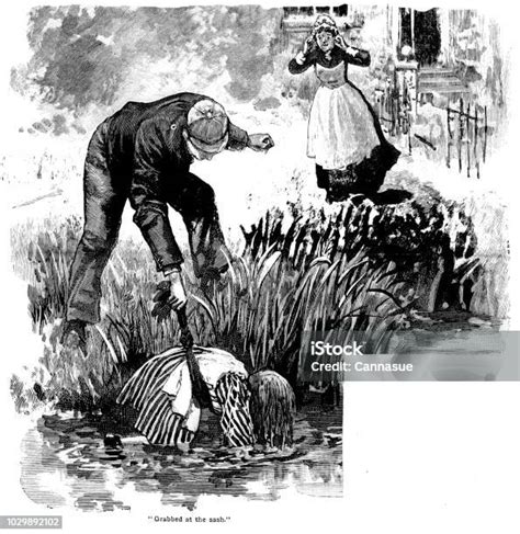 빅토리아 흑인과 백인 이야기 그림 Nursemaid 향해 실행으로 물 밖으로 작은 여자를 당겨 젊은 남자를 묘사 소년의 자신의 종이 1892 목판화에 대한 스톡 벡터 아트