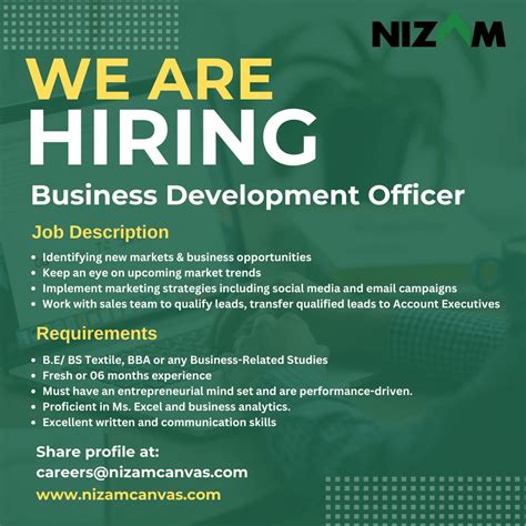 Hiring For The Role Of Business Development Officer To Join Our Team At Nizam Urooj K