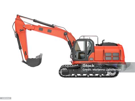 금속 애벌레 트랙 왼쪽 뷰 3d 렌더링에 금속 애벌레 트랙에 도로 건물 빨간 굴삭기 는 그림자없음 개발에 대한 스톡 사진 및 기타 이미지 Istock