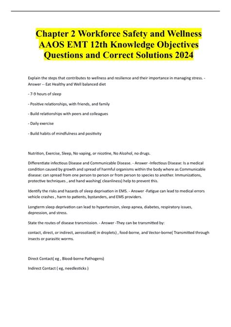 Chapter Workforce Safety And Wellness AAOS EMT Th Knowledge Objectives Questions And Correct