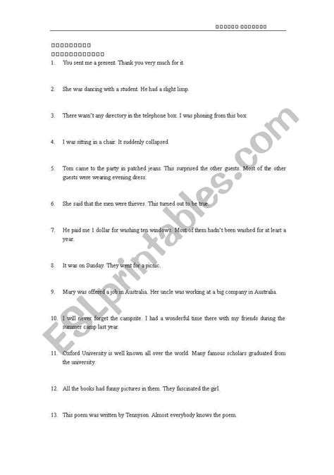 English Worksheets Grammar Attributive Clause