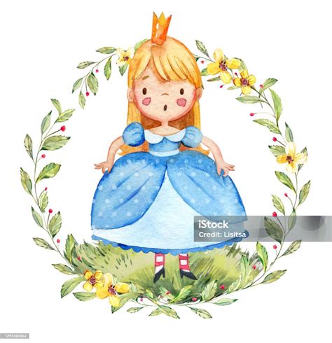 파란색 드레스를 입은 귀여운 작은 공주의 수채화 일러스트 수채화 화환에 둘러싸인 어린 소녀 격리 가공의 인물에 대한 스톡 벡터 아트 및 기타 이미지 Istock
