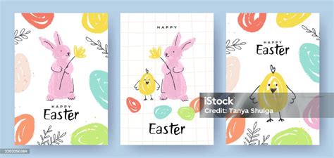 즐거운 부활절 카드 컬렉션 타이포그래피 손으로 그린 식물 점 달걀 병아리 및 토끼가 파스텔 색상으로 된 트렌디한 부활절 디자인 광고 웹 배너 포스터 인쇄 인사말 및 장식을