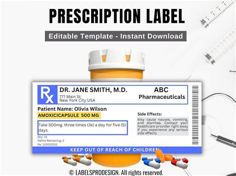 Prescription Label Template Editable Medicine Label Pill Bottle Label