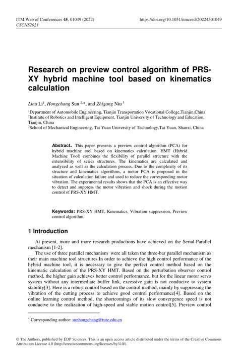 Pdf Research On Preview Control Algorithm Of Prs Xy Hybrid Machine Tool Based On Kinematics