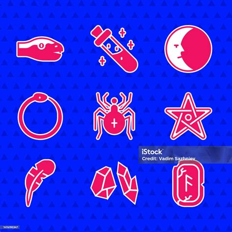 거미 마법의 돌 룬 오각형 깃털 펜 우로 보로스 달과 뱀 아이콘을 설정합니다 벡터 거미류에 대한 스톡 벡터 아트 및 기타 이미지 Istock