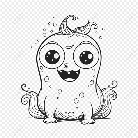흰색 배경 개요 스케치에 검은 눈과 물을 가진 귀여운 귀여운 괴물의 만화 만화 그리기 벡터 Png 일러스트 무료 다운로드 Lovepik